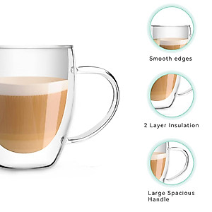 D.M DESIGN·MASTER [2 PACK,12 OZ -Premium Double Wall Insulated Glass with Handle Coffee or Tea Glass Mugs, Thermo Insulated Glass, Perfect for Latte, Cappuccino, Americano and Tea
