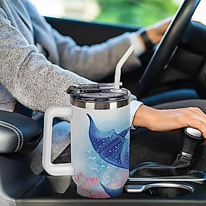 WYUSPGK 40oz Stainless Steel Car Mug, Sea Animals Stingrays Print Travel Mug, Double-Wall Insulated with Straw, Perfect for Car, Office, Outdoor