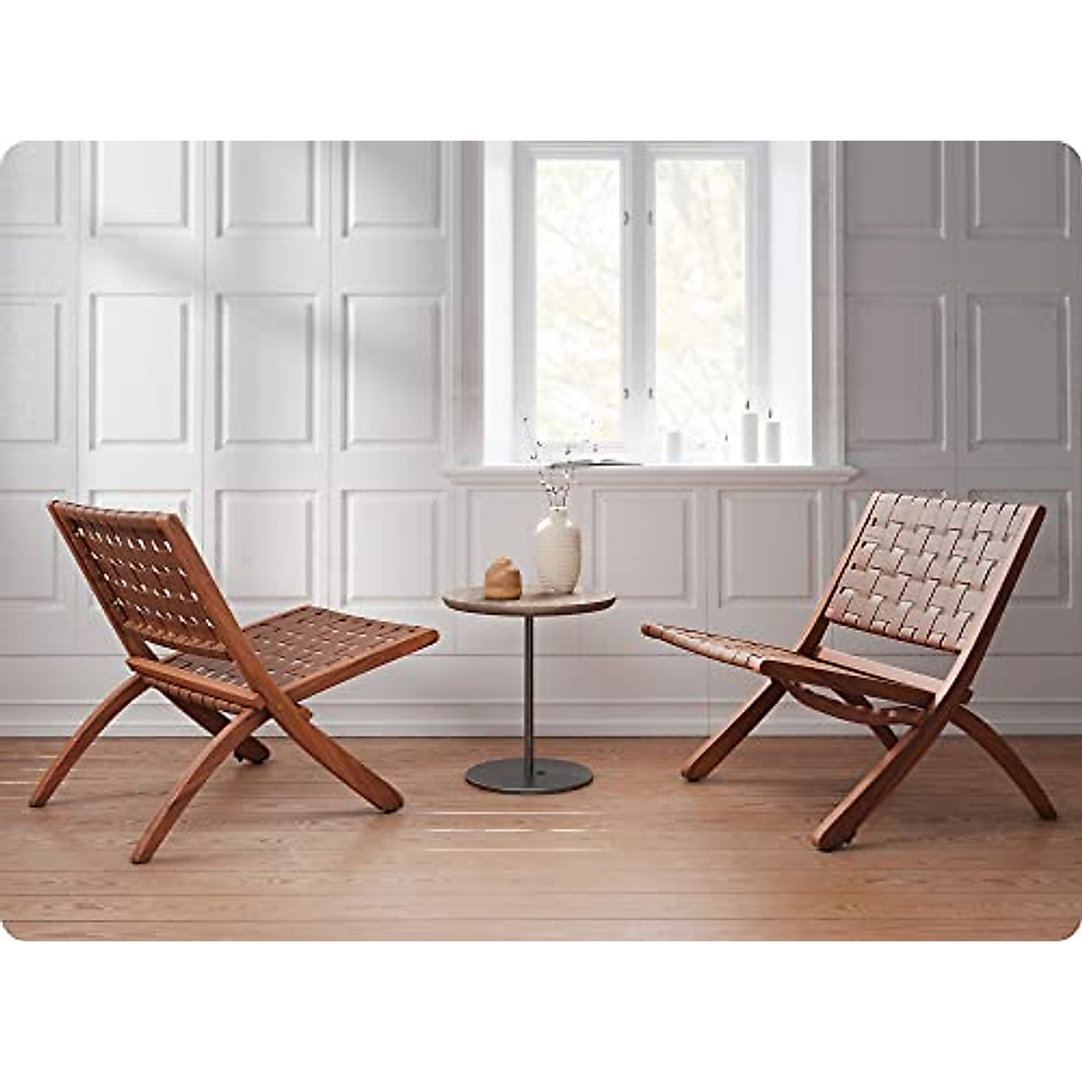 LUE BONA Folding Woven Leather Accent Chairs Set of 2, Cognac Leather Woven and Brown Wood, Midcentury Modern Lounge Chair, Scandinavian Rattan Low Chair for Living Room, Bedroom, Patio, Balcony