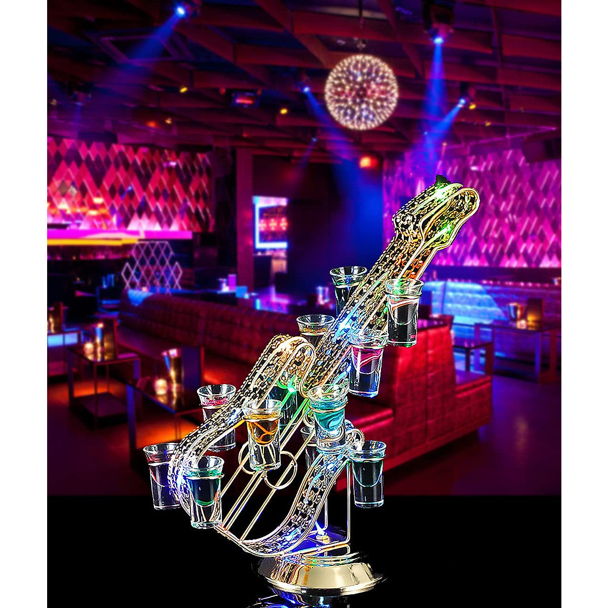 E-Greetshopping LED Champagne Wine Cup Holder,Guitar Shaped LED Lighted Bar Liquor Cocktail Shelve,Wine Glass Holder Display for Wedding Anniversary Graduation Birthday (without Cups)