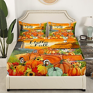 Erosebridal Hello Fall Comforter Set Rustic Farm Maple Leaf Pumpkin Sunflower Sheet Set Full Size Autumn Harvest Fitted Sheet Fall Season Flat Sheet Happy Fall Y'all Sheets Thanksgiving Day Gifts
