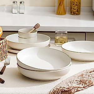 S&Q'S CERAMICS Large Serving Bowls Set of 4, 65 Ounce Large Salad Bowls,10'' Ceramic Wide Shallow Bowl Plates, Big Serving Dishes for Party, Entertaining, Microwave Safe (Glazed Matte Off-White)