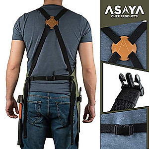 Asaya Chef, BBQ and Work Apron with Bottle Opener and Hand Towel - Durable 10oz Cotton Canvas, Brass Hardware and Cross Back Straps - For Men, Women, Grilling, and Cooking (Green)