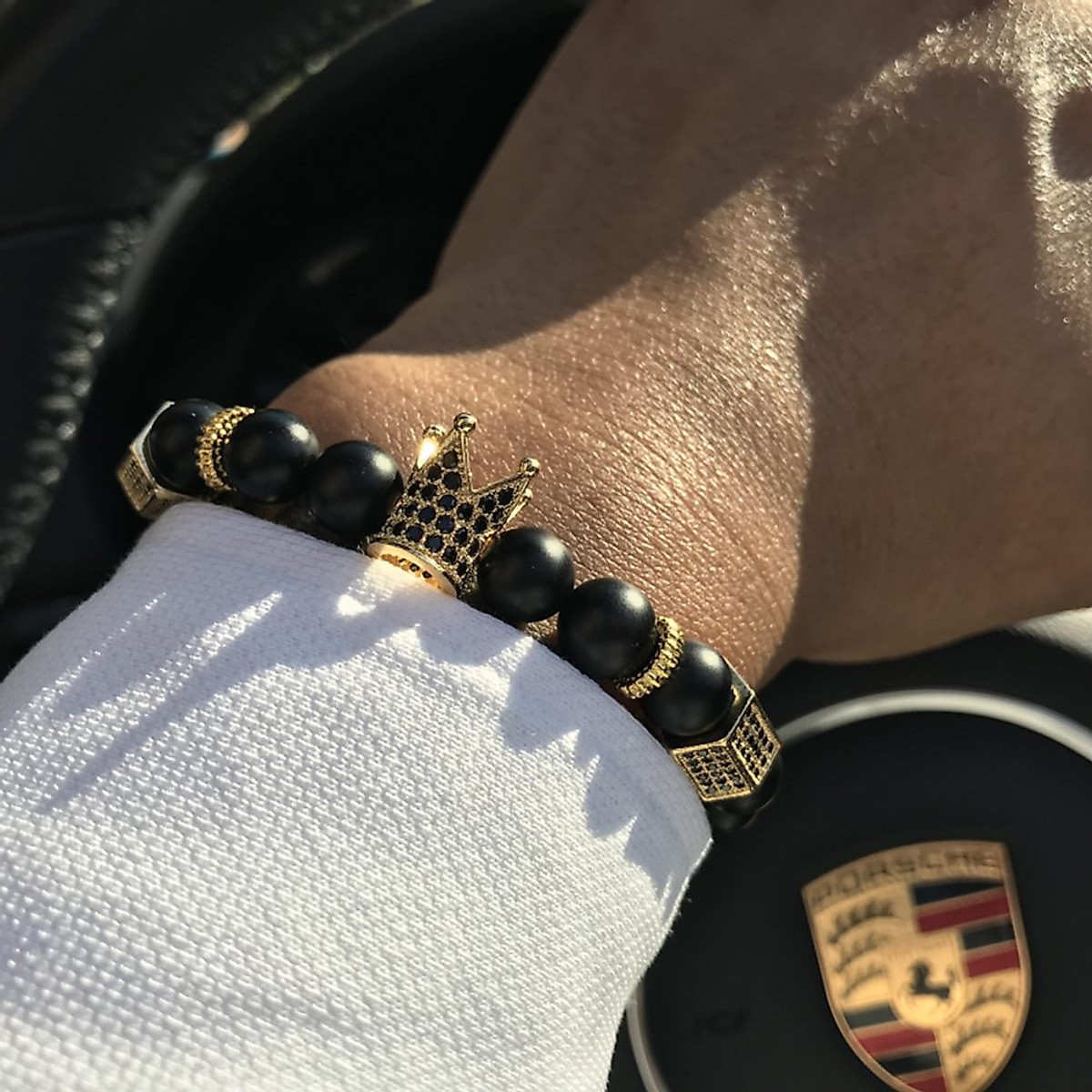 SEVENSTONE 8mm Crown King Charm Bracelet for Men Women Black Matte Onyx Stone Beads, 7.5"