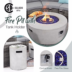 SUNSITT 8 Piece Patio Furniture Set with Propane Fire Pit Half-Moon Curved Patio Set Outdoor Sectional Sofa with 36in Grey Gas Fire Table & Tank Cover, Grey Rattan