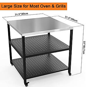 Mimiuo Grill Cart Pizza Oven Stand for Ooni Pizza Oven 31.5 x 31.5 x 33 inch, Large Stainless Steel Modular Table for Indoor Outdoor, Movable Food Prep Dining Trolley for Kitchen Patio Backyard