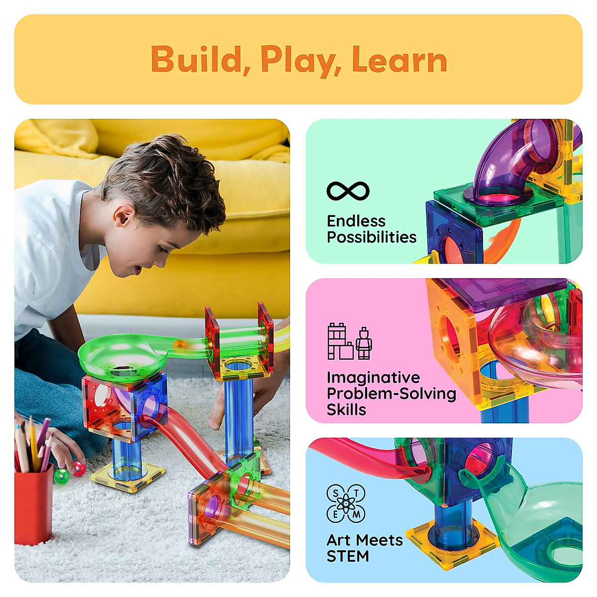 PicassoTiles Magnetic Marble Run Marbles for Kids Race Track Toy Set Marble Maze Sensory Toys for Toddlers STEM Educational Magnet Building Blocks Construction Building Tiles Boys Girls 3+