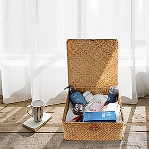 Ruosuruosu Cube Stackable Storage Bins Lids,Wicker Woven Storage Baskets Shelves,Set 4 Seagrass Storage Boxes,Rattan Storage Containers Organizing,Clothes,Toys,Books Cluttered Small Items Honey Brown