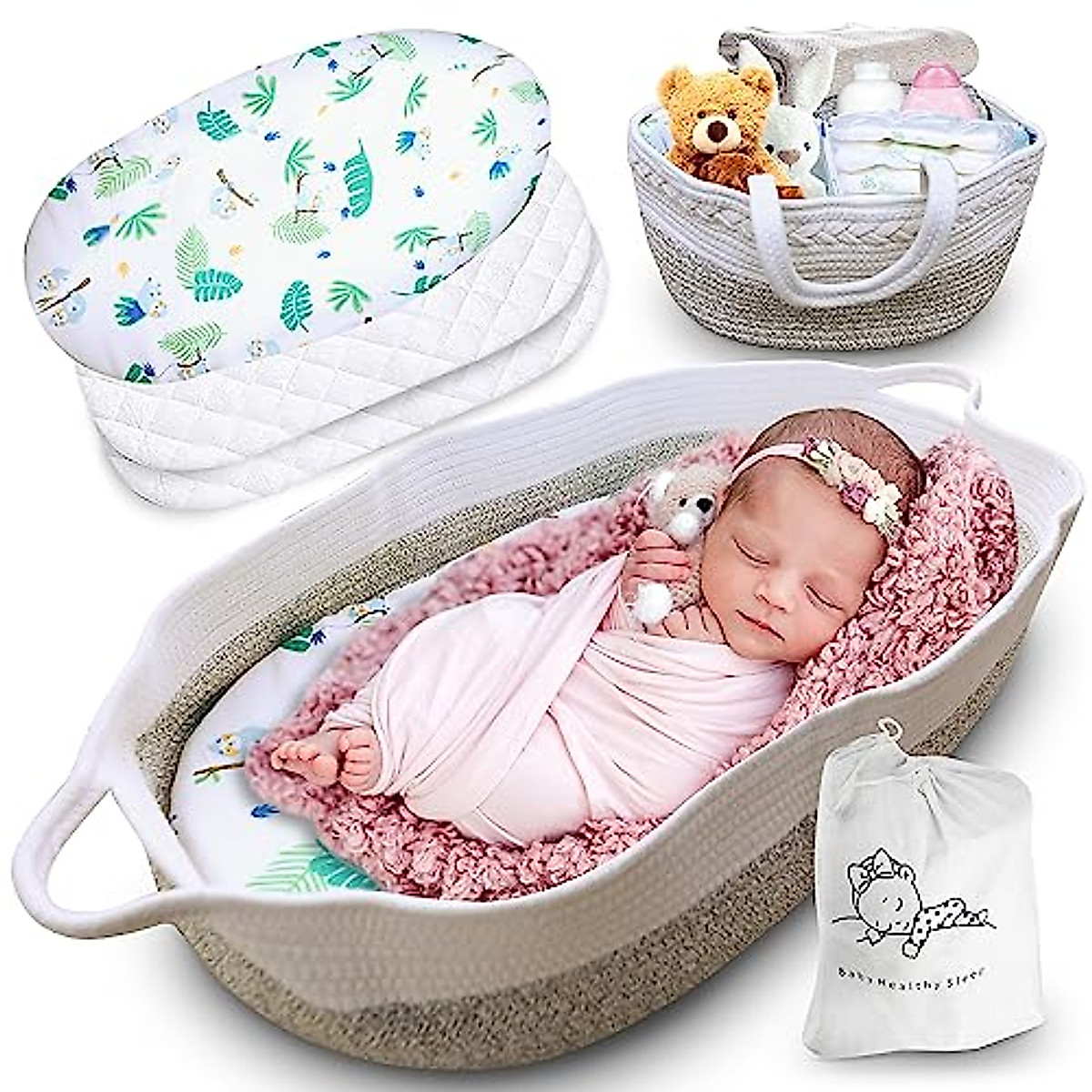 Complete Baby Basket and Storage Basket Solution for All Your Baby's Essentials - Set of 3 and Further 22x22 inch Bag - Woven Baskets for Storage and Changing Table Dresser with Extra Foamy Mattress.