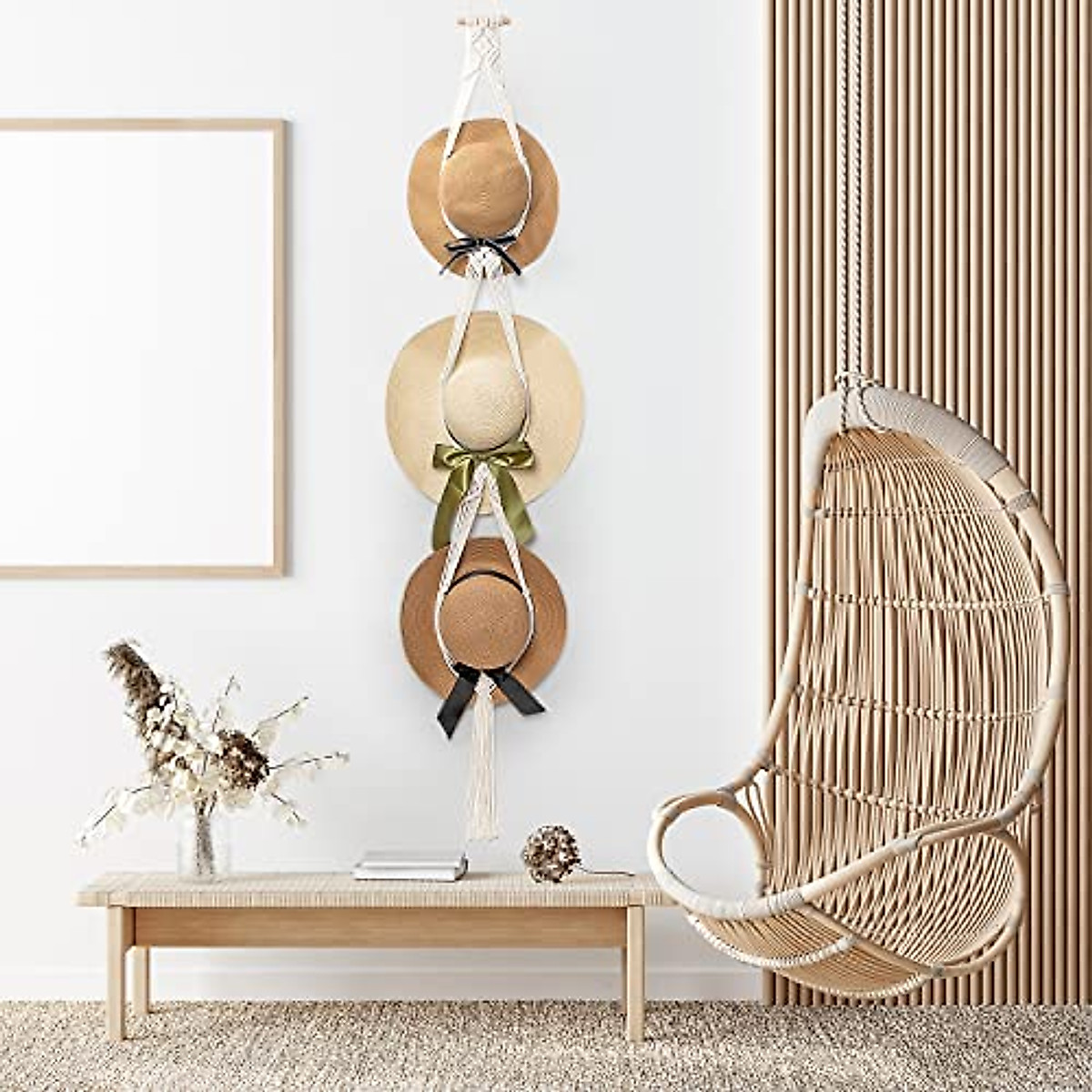 COCHIE 2 Pack Hat Rack Boho Handmade Hat Hangers Adjustable for Wall Decoration, Hat Organizer Holds 6 Different sized Hats Display for Women Men（Beige,5.74 Ft）