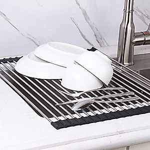 CANWELL 17"x15" Roll Up Dish Drying Rack, Premium 304 Stainless Steel Over Sink Kitchen Drainer Rack with Silicone Rims, Black