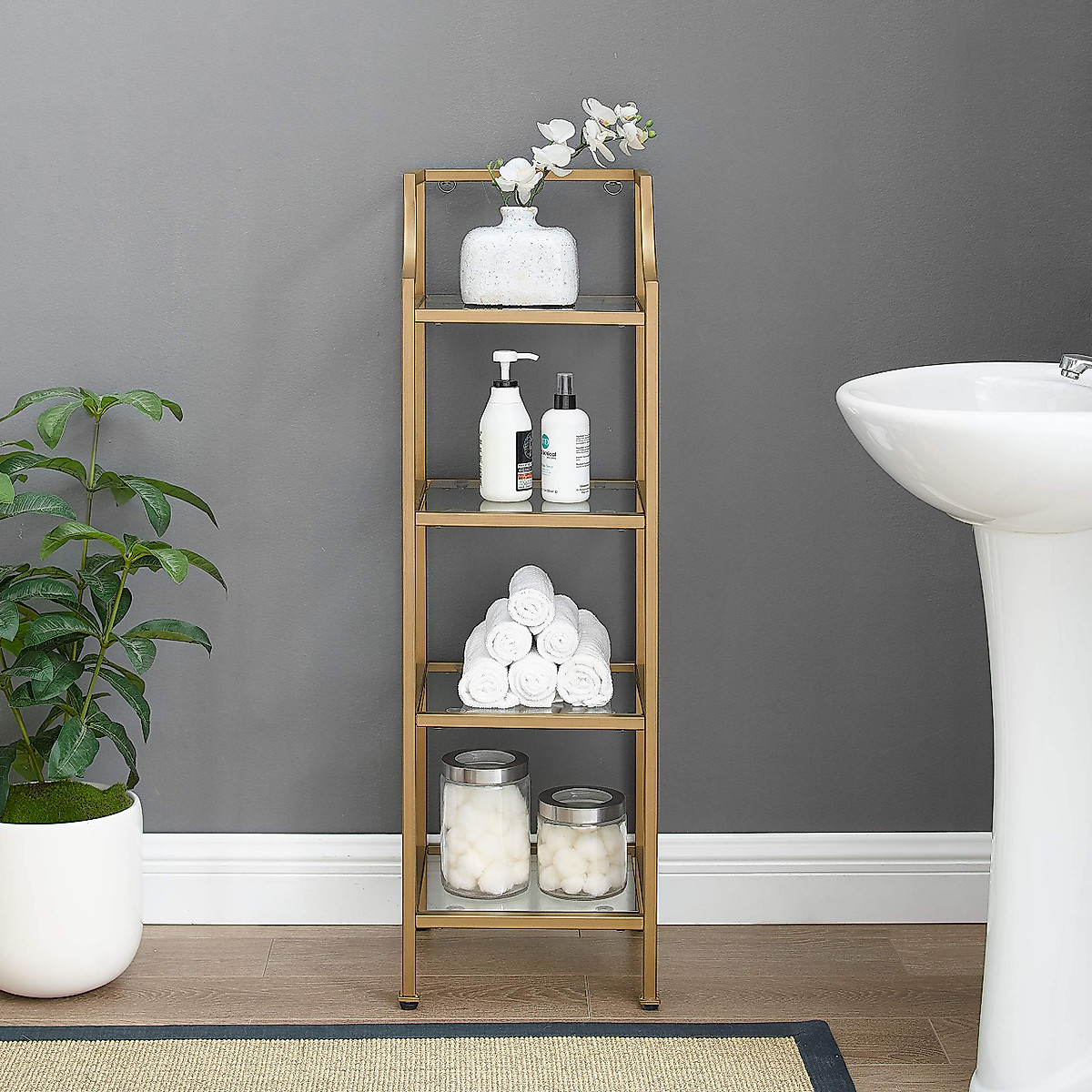 Crosley Furniture Aimee Short Bookshelf with Glass Shelves, Small Bookcase Storage, Gold and Glass