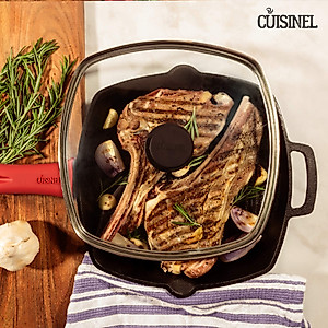 Cuisinel Cast Iron Square Grill Pan + Glass Lid + Pan Scraper + Handle Cover - 10.5" Pre-Seasoned Ridged Skillet - Grill, Stovetop, Fire, Indoor/Outdoor Use - for Grilling, Frying, Sauteing