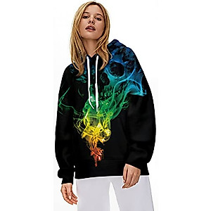 RAISEVERN Mens Skeleton Hoodie Halloween Long Sleeve Fleece Skull Graphic Hoodie Funny Hooded Sweatshirt Women Cool Novelty 3D Printed Colorful Smoke Unisex Drawstring Pullover Hoodies with Pockets