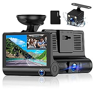 3 Channel Dash Cam Front and Rear Inside, 1080p 4 Inches 170° Wide Angle Dashcam, Dash Camera for Cars with 32GB Card, Super Night Vision, Loop Recording, G-Sensor, Motion Detection, Parking Mode