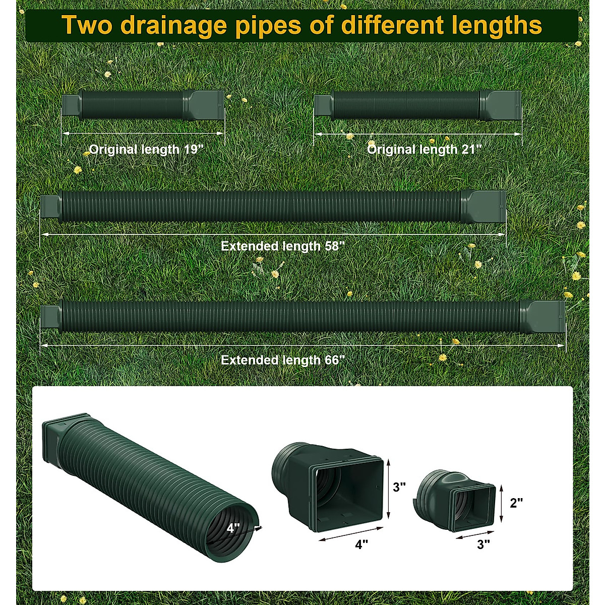 Ogutter Rain Gutter Downspout Extensions, Downspout Extender for Rainwater Drainage Flexible, Extendable 58"+66" Down Spout Drain Extension Pipes (2 Pack, Green)