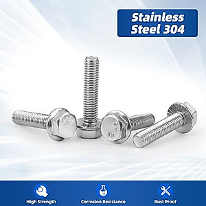 M8-1.25 x 30mm Flange Bolts Flanged Hex Screws, DIN 6921, Stainless Steel 18-8 (304), Plain Finish, Fully Threaded, 10 PCS