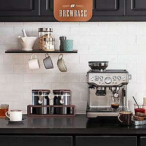 BrewBase - Premium Coffee Storage Containers with Airtight Oak-Wood Lids & Shelf + Scoop, 304 Stainless Coffee Bean Storage Organizer for Kitchen - Coffee Container for Ground Coffee Sugar & More