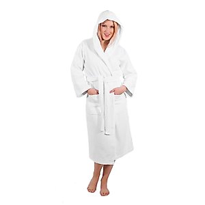 Classic Turkish Towels CTT - 100% Turkish Cotton Terry Cloth Hooded Bath Robe for Women & Men, 450 GSM Soft & Plush Long Robe | White (Medium - Large)