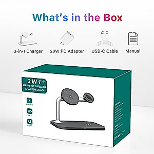 3 in 1 Magnetic Wireless Charger, with 20W USB-C Adapter, Charging Station for Apple Products Compatible with MagSafe for iPhone 14 13 12 Pro Max, Watch Series 1-8, AirPods Pro (White)