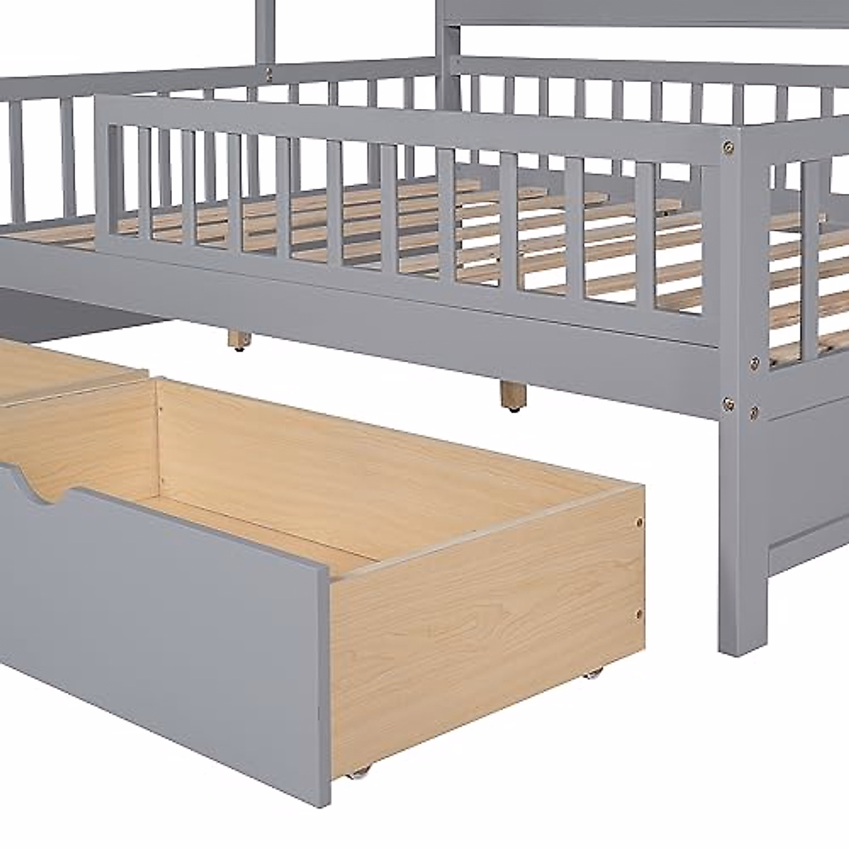 WADRI Full Size House Bed with 2 Drawers and Shelf, Wood House Bed Frame with Roof Design and Safety Guardrail, Montessori Bed for Girls Boys Bedroom, Can be Decorated (Gray + Wood-A32)