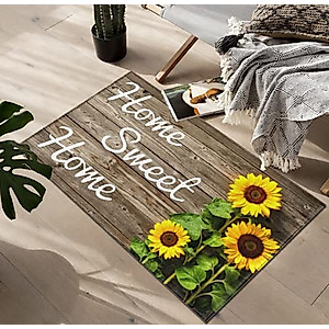 Sunflower Welcome Doormat Summer Door Mat, 17 X 29 Inch Wood Background Flower Spring Summer Decorative Home Sweet Home Entrance Mat Non-Slip Backing Floor Mat for Kitchen Bathroom