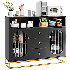 finetones Sideboard Buffet Cabinet with Storage, 47.2" Large Kitchen Storage Cabinet with 3 Drawers and 2 Glass Doors, Buffet Cabinet Buffet Table Coffee Bar Cabinet for Kitchen, Dining Room, Black