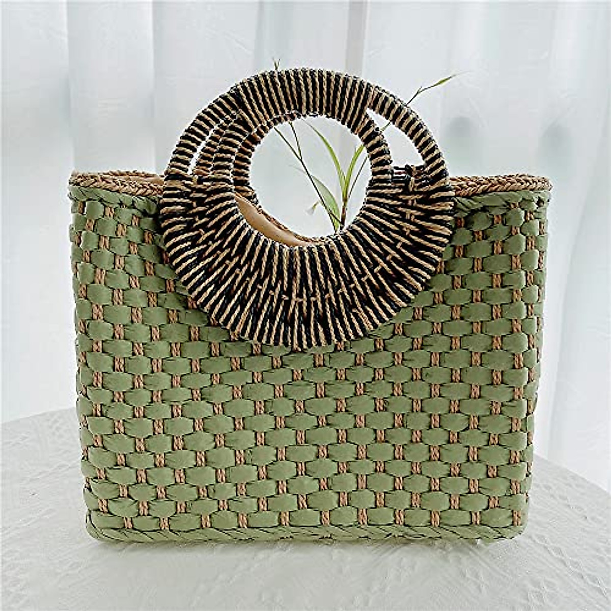 QTKJ Women Summer Retro Straw Bag with Zip Hand-woven Beach Handbag Top Round Handle Boho Tote Bag Shopping and Travel Large Bag (Green)