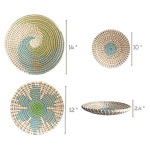 GoGift Wall Basket Decor - Wicker Coastal For Home Baskets Hanging Woven Boho Beach Rattan Seagrass Set of 3 Beige Teal Blue and Light Green