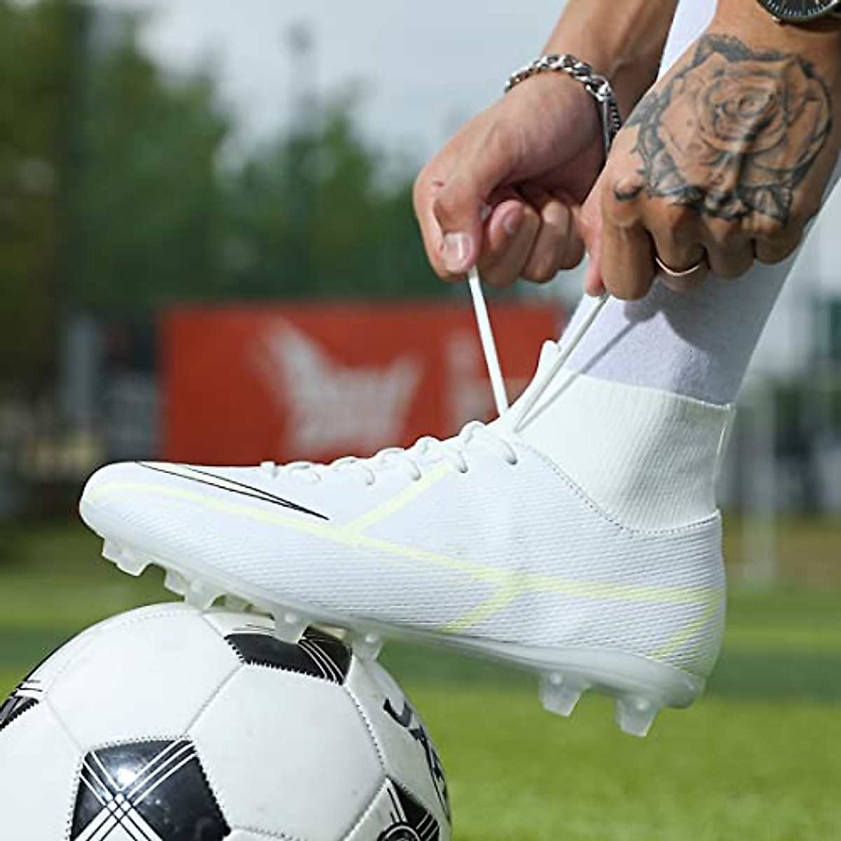 Men's Soccer Boots Football Cleats AG Hightop Football Shoes Athletic Indoor Outdoor Comfortable Soccer Shoes White