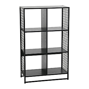 Household Essentials Trellis Open Storage Bookshelf with 6 Cube Compartments Black Oak Wood Grain and Black Metal