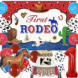 Cowboy 1st Birthday Decorations, First Rodeo Birthday Party Decor Blue, First Rodeo Birthday Backdrop Western Theme Balloons, Cow One High Chair Banner for Western Cowboy Birthday Party Supplies