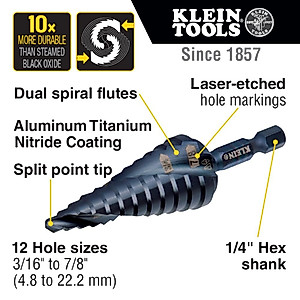 Klein Tools QRSTSPRO Premium 3-Piece Electrician's Step Bit Set with Cutting Oil, Modular Case, Impact Rated Quick Release, Double Spiral Flutes