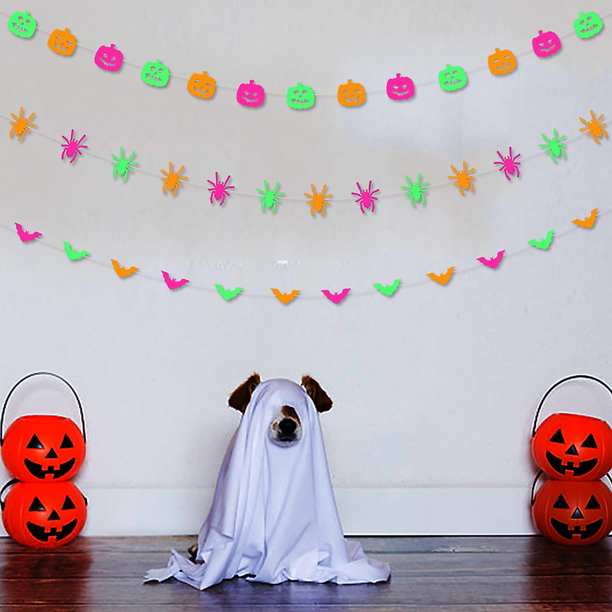 Halloween Party Decorations Neon Banner - 3pcs Glow in The Dark Paper Pumpkin Bats Spiders Hanging Swirls Streamers,Window Fireplace Room Ceiling Garland, Baby Shower Birthday Supplies Decor Panduola