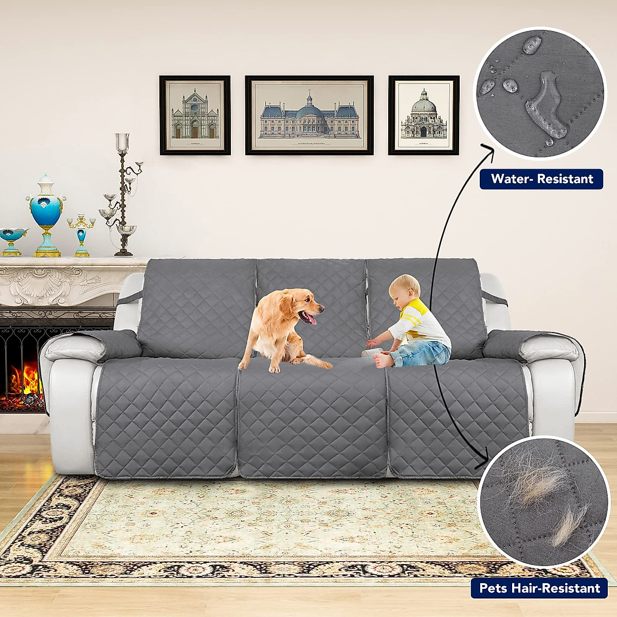 PureFit Water Resistant Reversible Sofa Covers for Reclining Sofa - Non Slip Split Recliner Couch Cover for 3 Cushion Couch, Washable Furniture Protector for Kid, Dog (3 Seat, Gray/Light Gray)