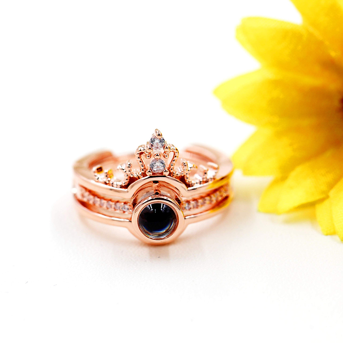 I Love You 100 Languages Projection Ring Couples Wedding Band Crown Tiara Engagement Promise Rings for Him and Her (Rose Gold & Crown)