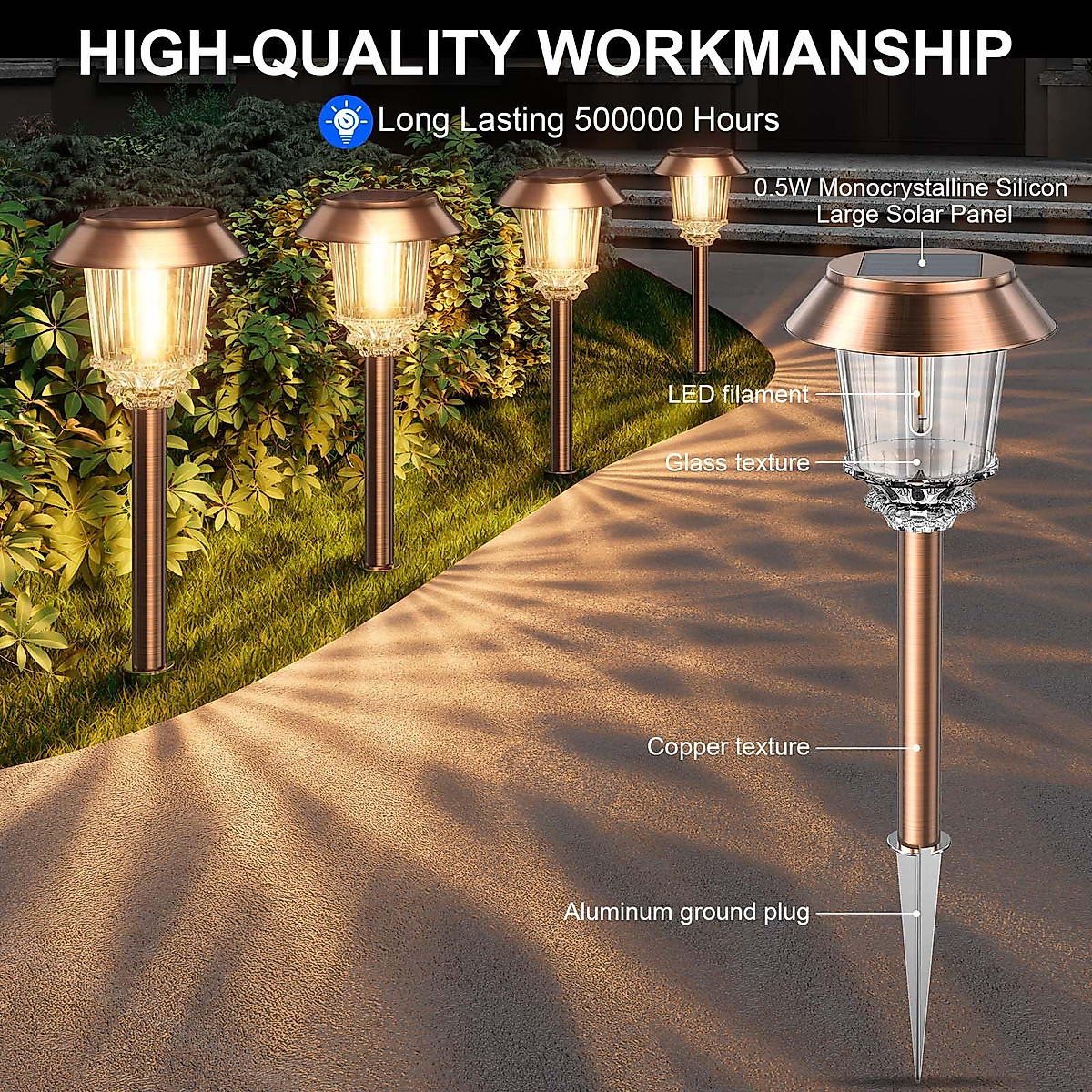 XMCOSY+ Solar Pathway Lights Outdoor - 6 Pack Solar Lights Outdoor Waterproof, 10-40 LM Dimmable Auto On/Off Solar Outdoor Lights Yard Garden Walkway Driveway (Warm White)