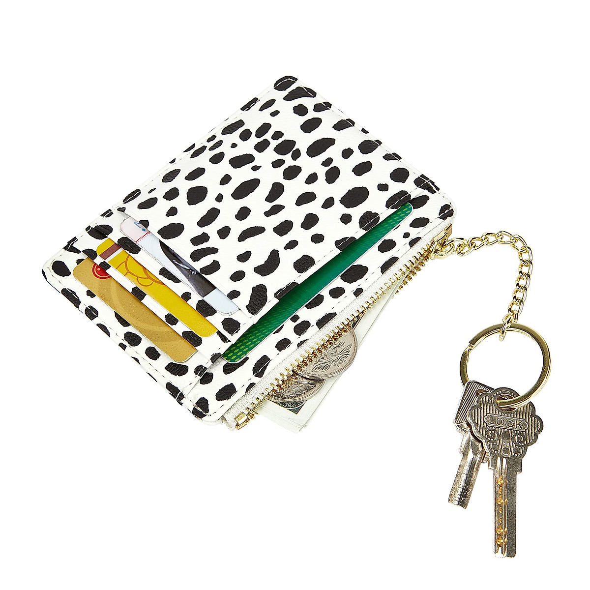 Women's 8 Cards Slim Minimalist Card Holder Coin Changes Purse Keychain Front Pocket Wallet, White Dot