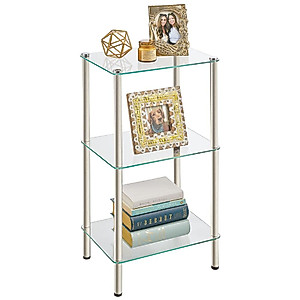 mDesign Metal/Glass 3-Tier Storage Tower, Narrow Shelving Display Unit, Open Glass Shelves; Multi-Use Stand for Living Room, Bathroom, Home Office, Hallway, Bedroom Organization - Satin/Clear