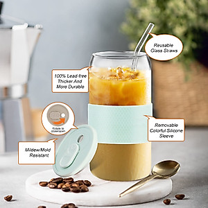 Vozoka Glass Cups with Silicone Lid and Glass Straws, 4 Set -16oz Drinking Glasses with Colorful Silicone Lids and Sleeve, Iced Coffee Tumbler, Smoothie Cups, Ideal for Water, Soda, Coffee, Gift…