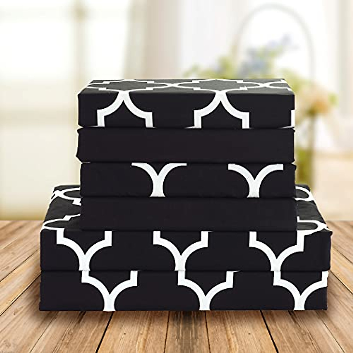 Elegant Comfort 6-Piece Quatrefoil Printed Deep Pocket Bed Sheet Set, Luxurious Silky 1500 Thread Count Bed Sheet Set Ultra Soft Wrinkle Resistant Bedding Set, Queen, Black