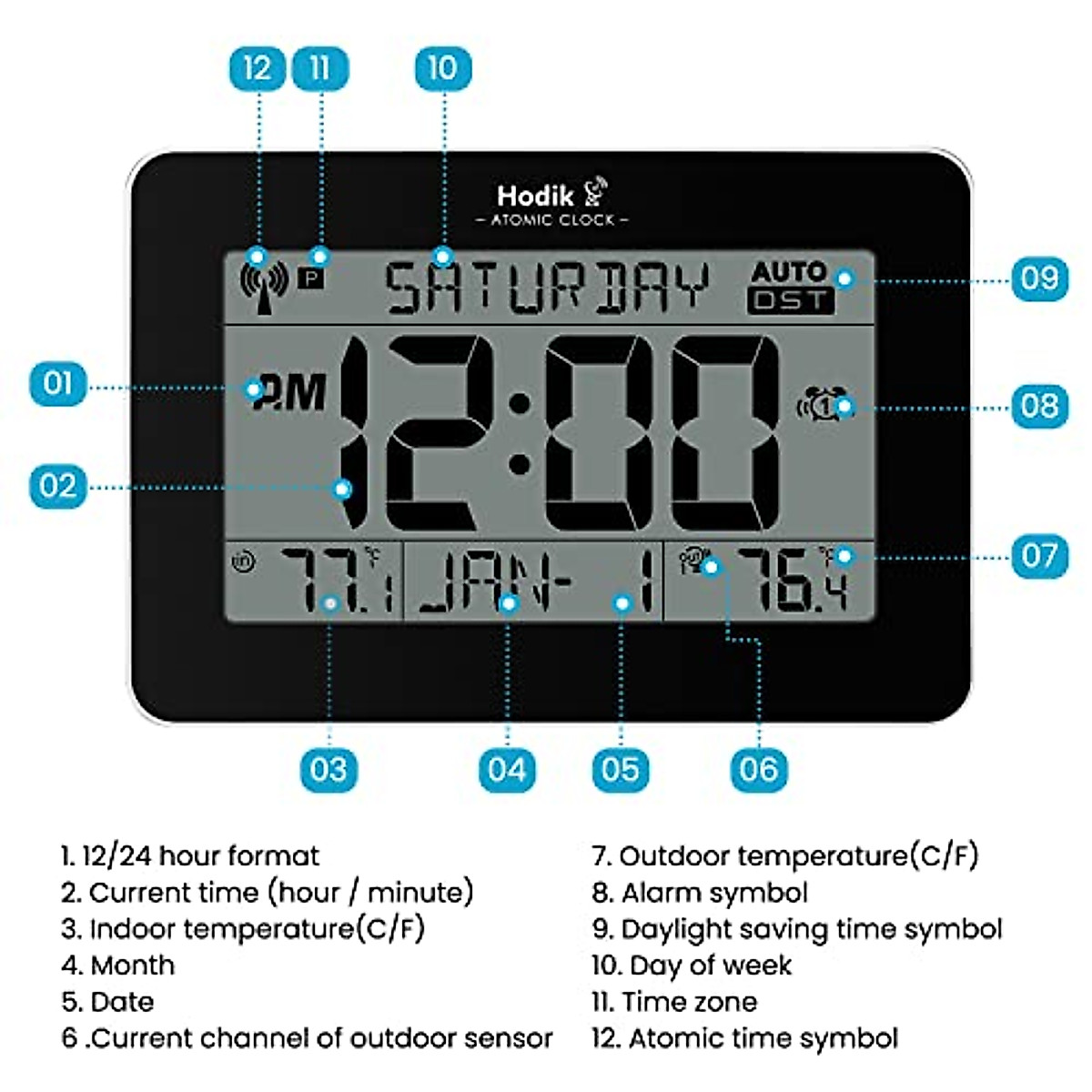 HODIK Atomic Clock with Indoor Outdoor Temperature Wireless, Large 11.4 Inch LCD Display for Easy Reading, Self-Setting Battery Powered Table Clock or Wall Clock with High Precision Sensor
