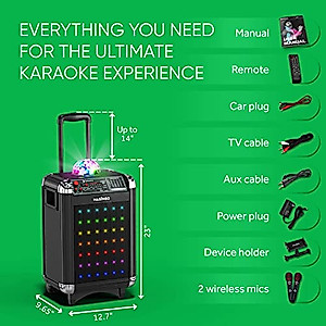 MASINGO Karaoke Machine for Adults & Kids with 2 Wireless Microphones - Portable Singing PA Speaker System w/Two Bluetooth Mics, Party Lights, Lyrics Display Holder & TV Cable - Soprano X1 Black