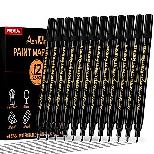Black Paint Pens, 0.7mm Acrylic Paint Pens, 12 Pack Paint Markers for Wood Rock Plastic Glass Stone Metal Canvas Ceramic & DIY Mug Design, Fine Point