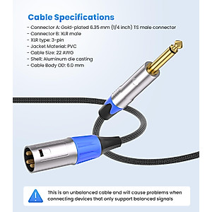 tisino XLR to 1/4” TS Cable, Quarter inch Mono to XLR Male Unbalanced Interconnect Cable Cord for Amplifiers, Instruments - 3 Feet