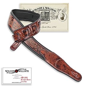 Walker & Williams GB-101 Bourbon Brown Handmade Padded Leather Strap Classic Live Oak Pattern For Acoustic, Electric, And Bass Guitars