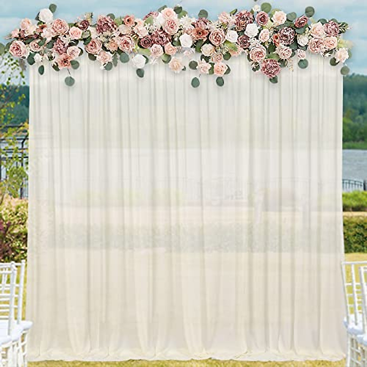 Beige Backdrop Curtain for Party 2 Pieces 5FTx10FT Ivory Chiffon Wedding Photo Background for Baby Shower Birthday Curtain