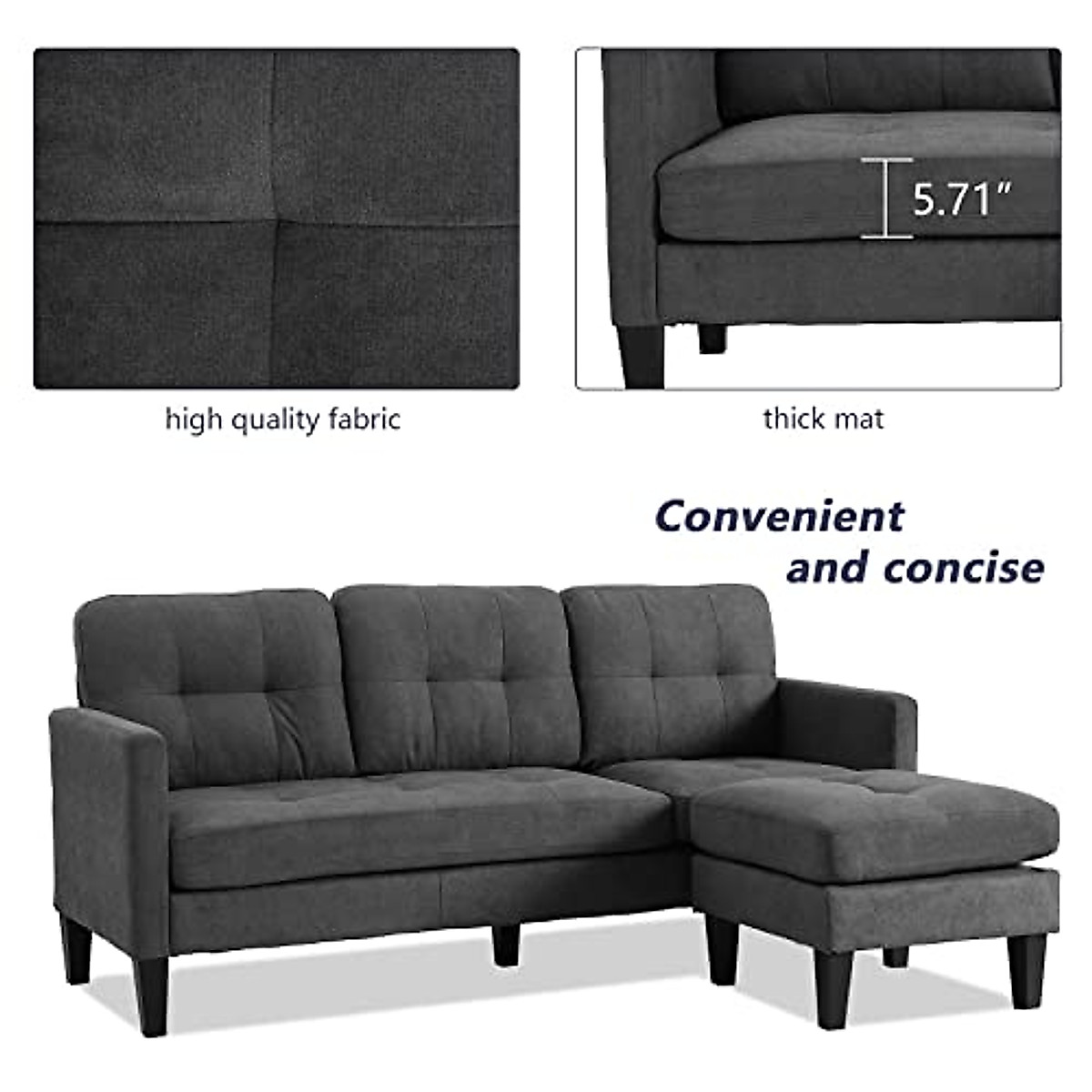 Grepatio Convertible Sectional Sofa Couch, L-Shaped Couch with Modern Linen Fabric for Small Living Room, Apartment and Small Space (Grey)