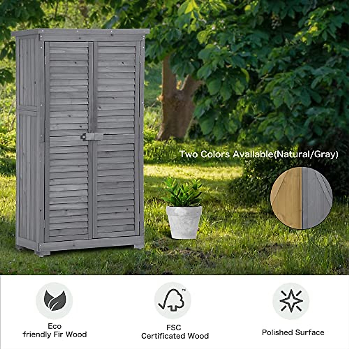 Merax Wooden Garden Shed 3-Tier Patio Storage Cabinet Outdoor Organizer Wooden Lockers with Fir Wood (Gray Wood Color -Shutter Design)