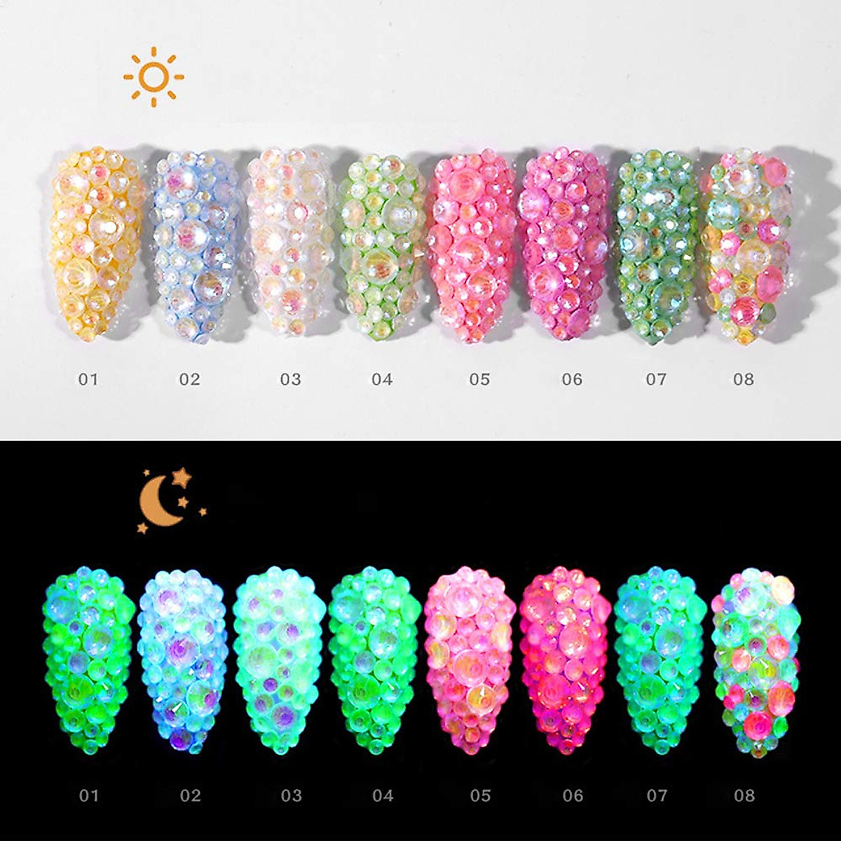 HERIS 8 Pack Mixed Glow Nail Art Rhinestones Fluorescent Diamonds Decorations Accessories Décor Crystals Gems for DIY Manicure